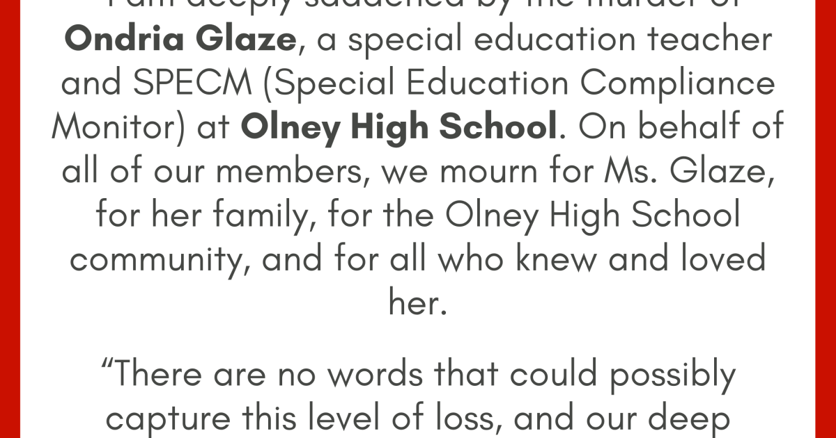 PFT PRESIDENT JERRY T. JORDAN ON MURDER OF OLNEY HS TEACHER ONDRIA ...