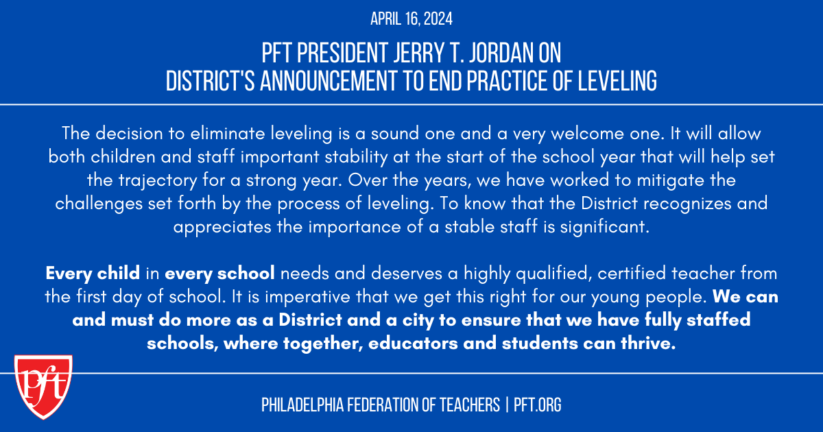 PFT PRESIDENT JERRY T. JORDAN ON DISTRICT'S ANNOUNCEMENT TO END ...